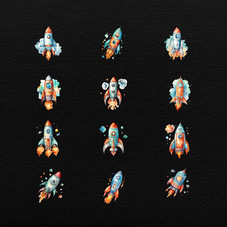 Space Watercolor Clipart, Space Rockets, Nursery Decor, Cute Rockets ...