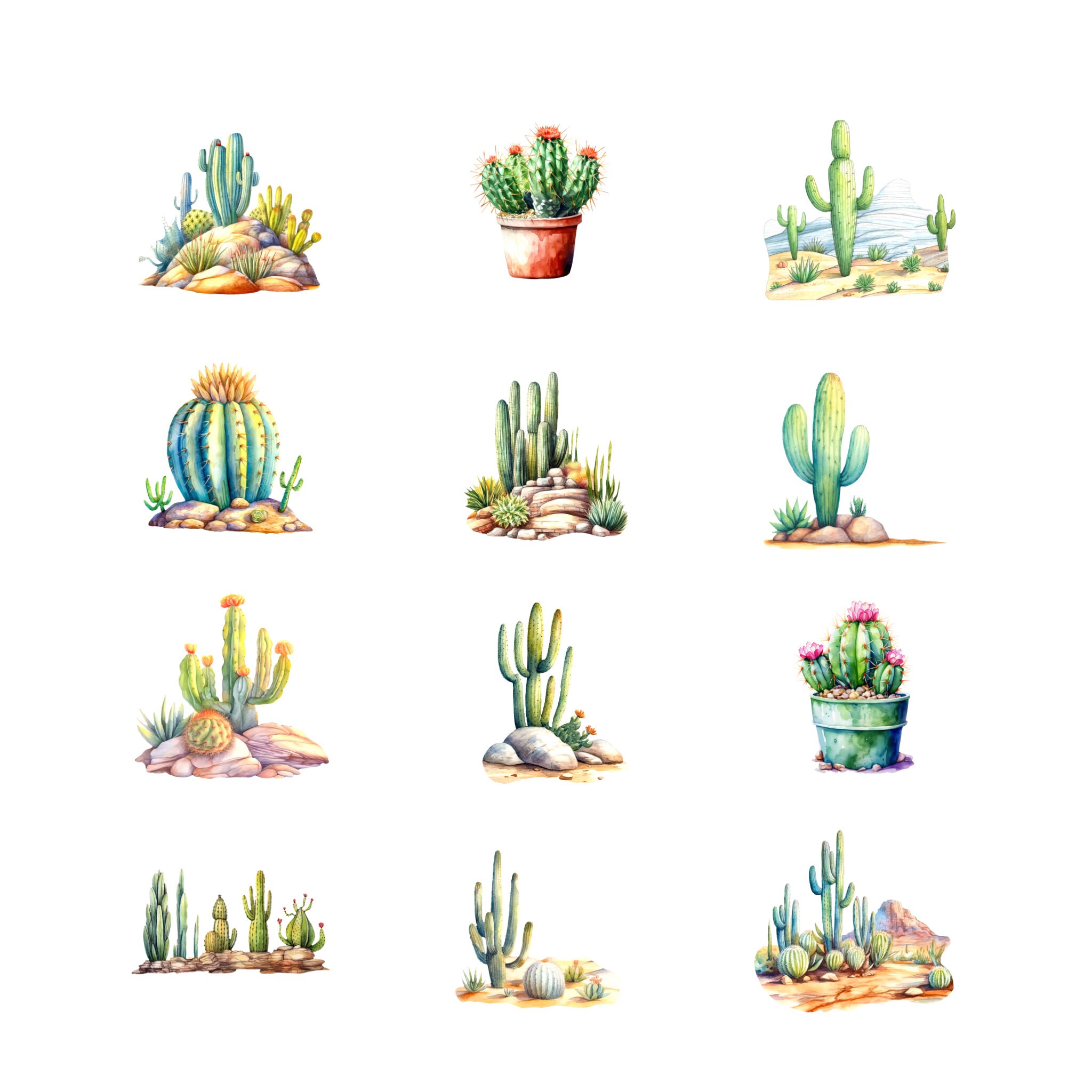 Watercolor Cactus Clipart, Desert Cacti, Desert Landscape, Instant ...
