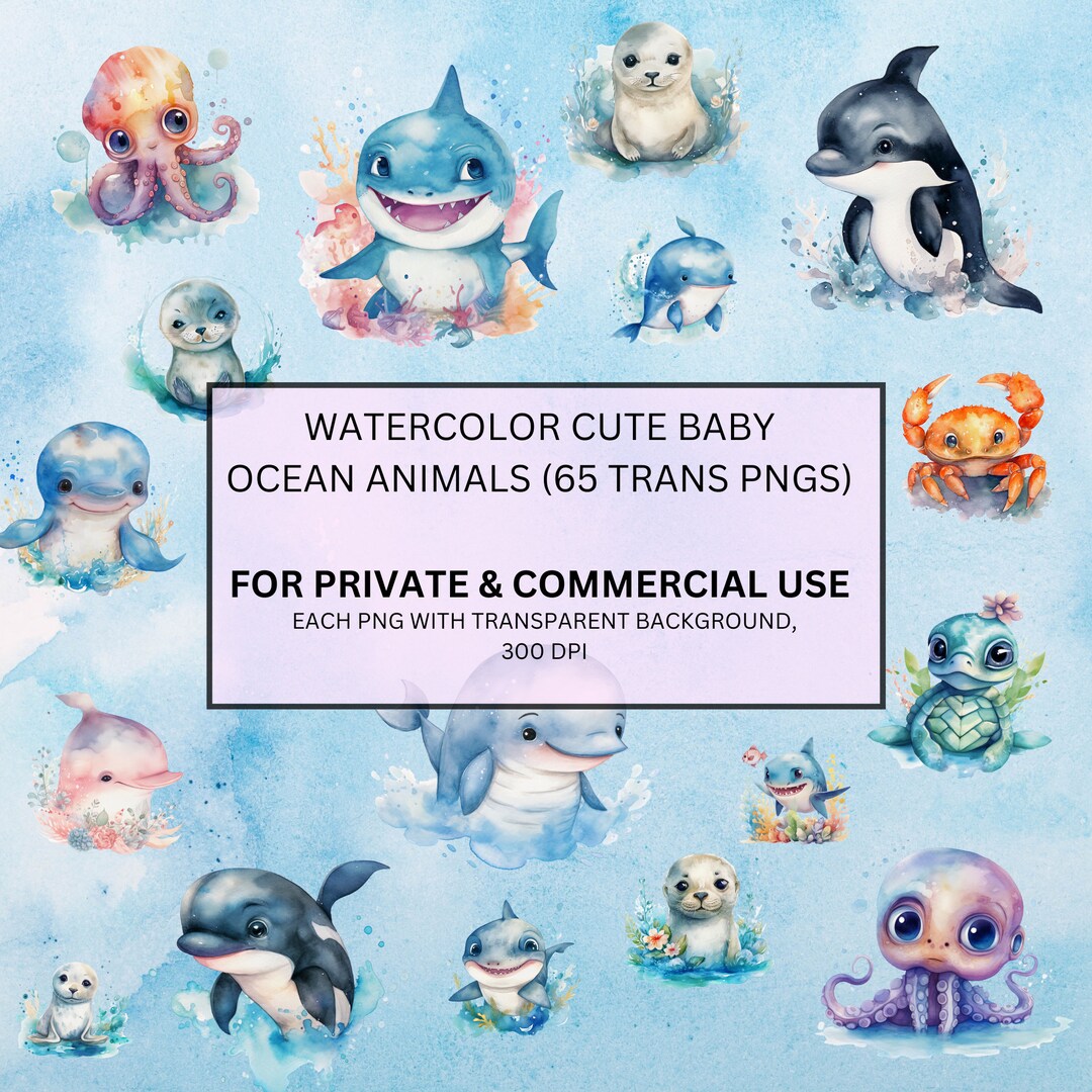 Watercolor Cute Baby Sea Animals Clipart Bundle Mega Pack, Private and ...