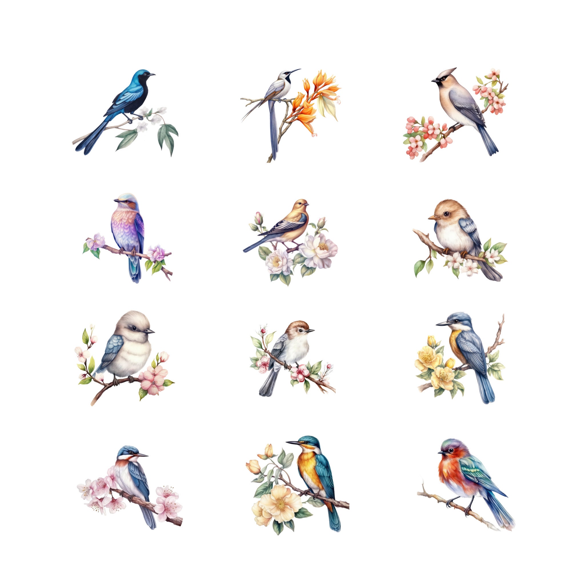 Watercolor Birds Clipart Bundle, Spring Birds Clipart, Birds on Branch ...