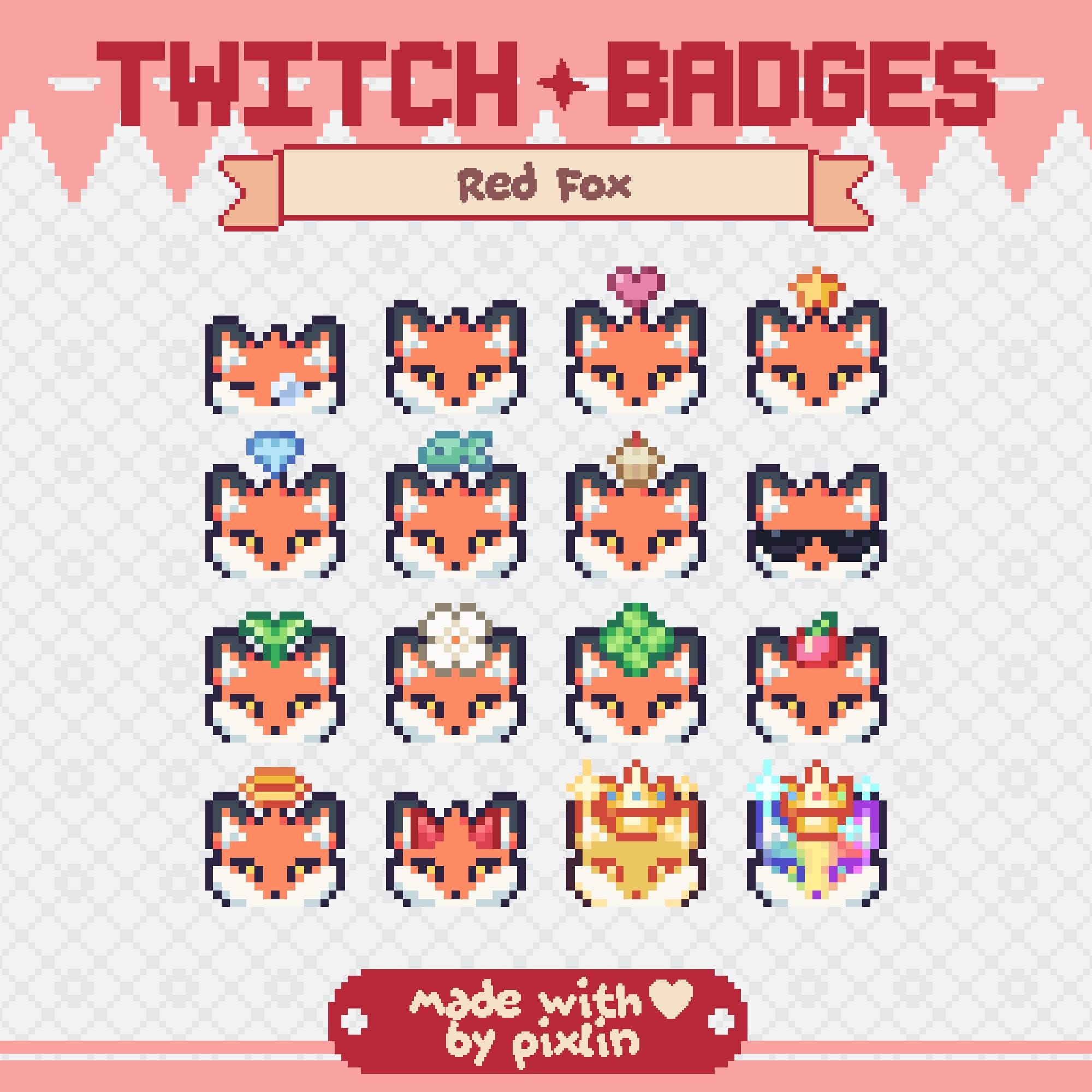 Red Fox Pixel Twitch Stream Sub Bit Badges Set | Cute Fox Premade ...