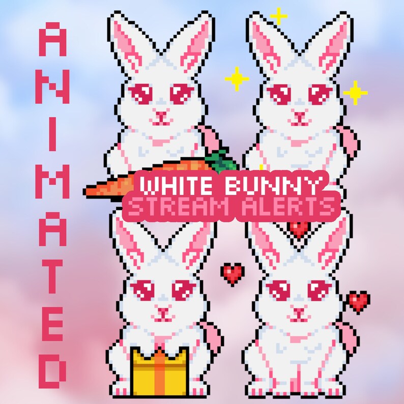 ANIMATED PACK Cute White & Pink Bunny Pixel Stream Alerts for Twitch ...