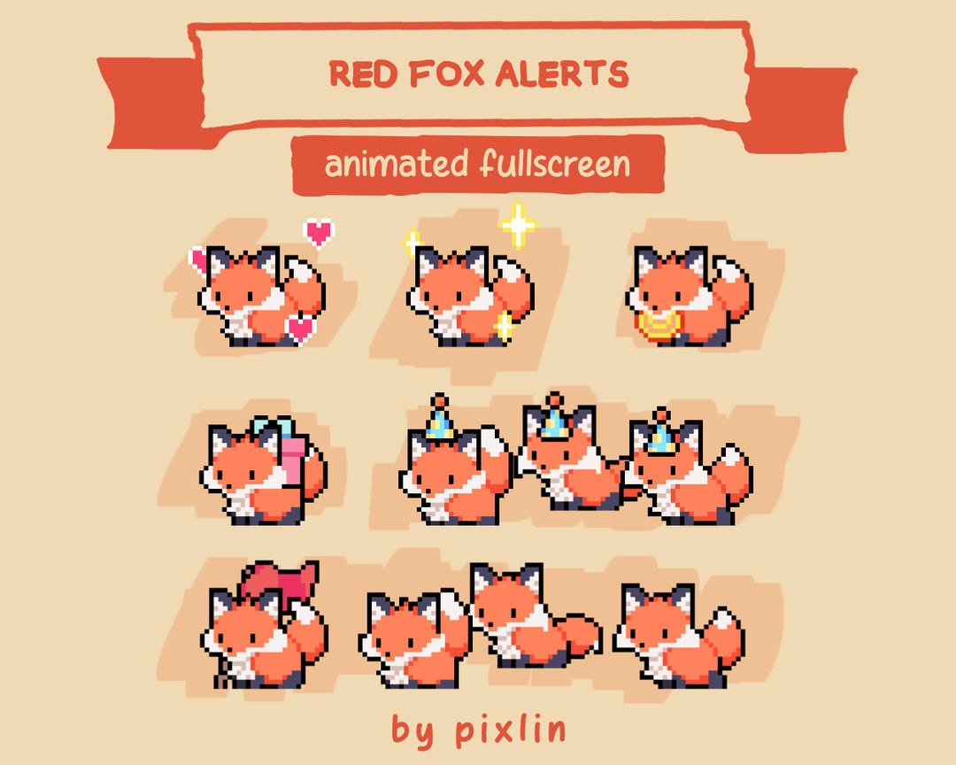 Red Fox Twitch Alerts Pack | Animated Pixel Fox Stream Alerts | Cute ...