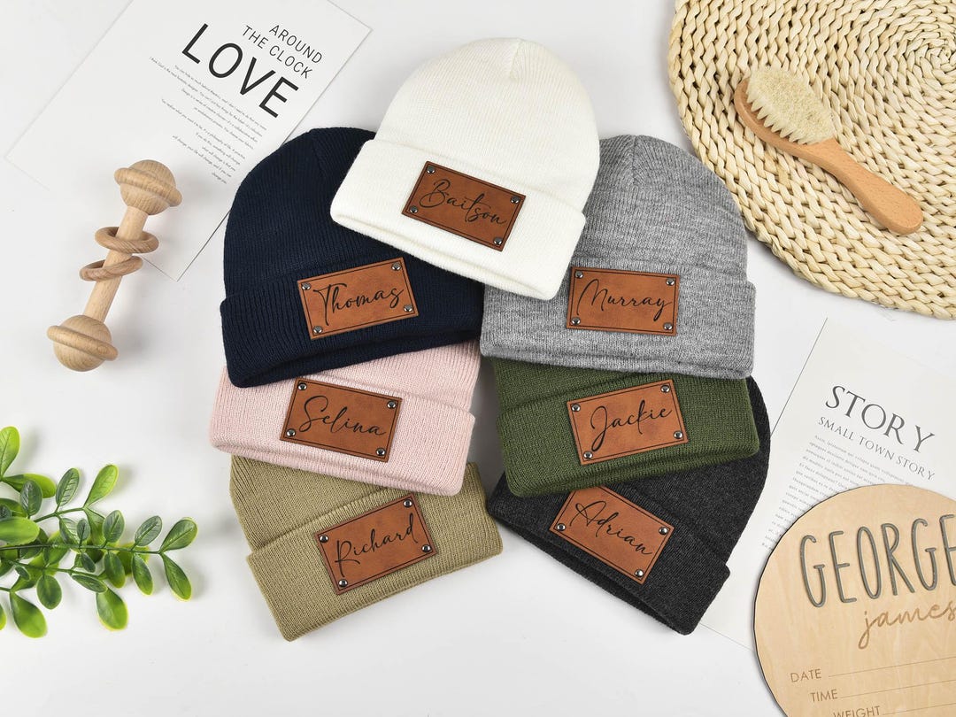 Custom Leather Patch Beanies for Baby, Newborn Baby Beanie With Names ...