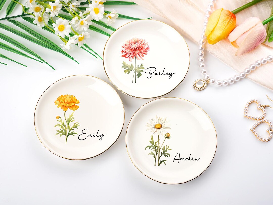 Personalised Birth Flower Trinket Dish/ Custom Flower Ring Dish ...