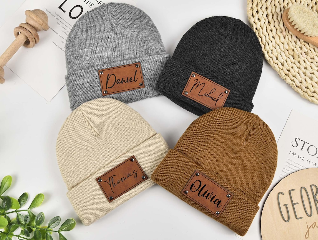 Newborn Baby Beanie With Names, Custom Leather Patch Beanies for Baby ...