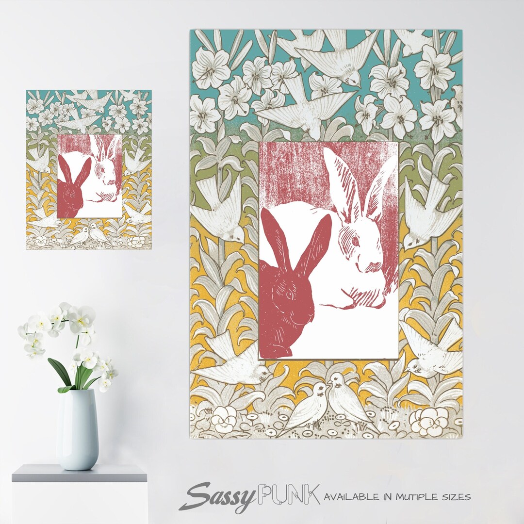 Rabbits With White Dove & Flower Border | Sassypunk Art Remix Print ...