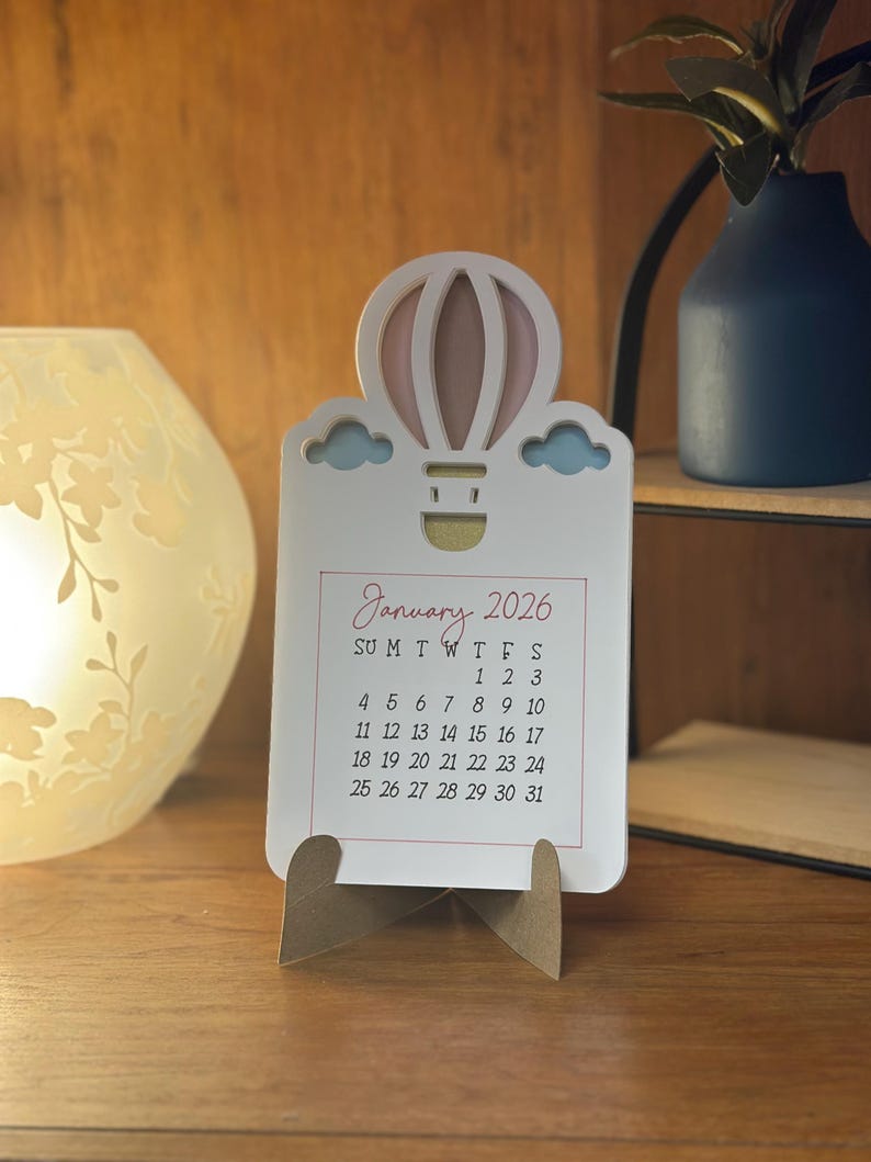 2026 Mini Hot Air Balloon Calendar With Wood Easel, Whimsy Nursery ...