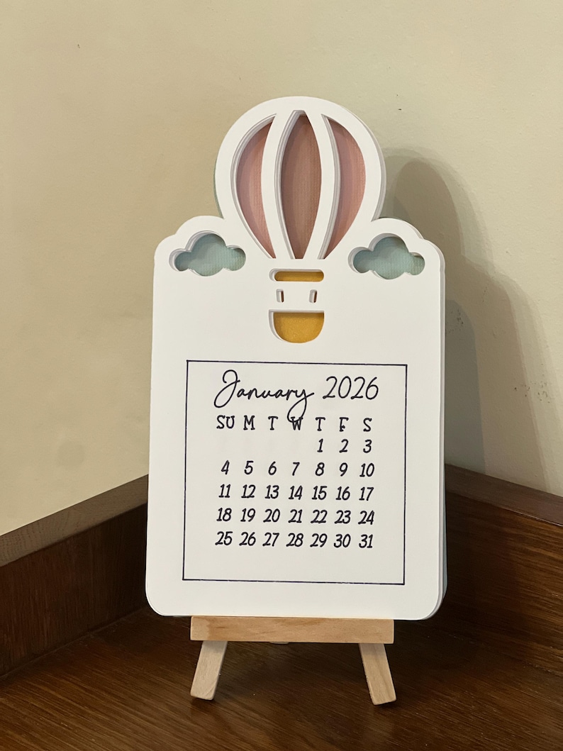 2026 Mini Hot Air Balloon Calendar With Wood Easel, Whimsy Nursery ...
