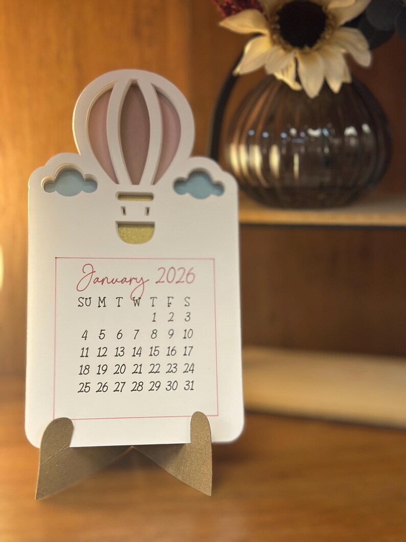 2026 Mini Hot Air Balloon Calendar With Wood Easel, Whimsy Nursery ...