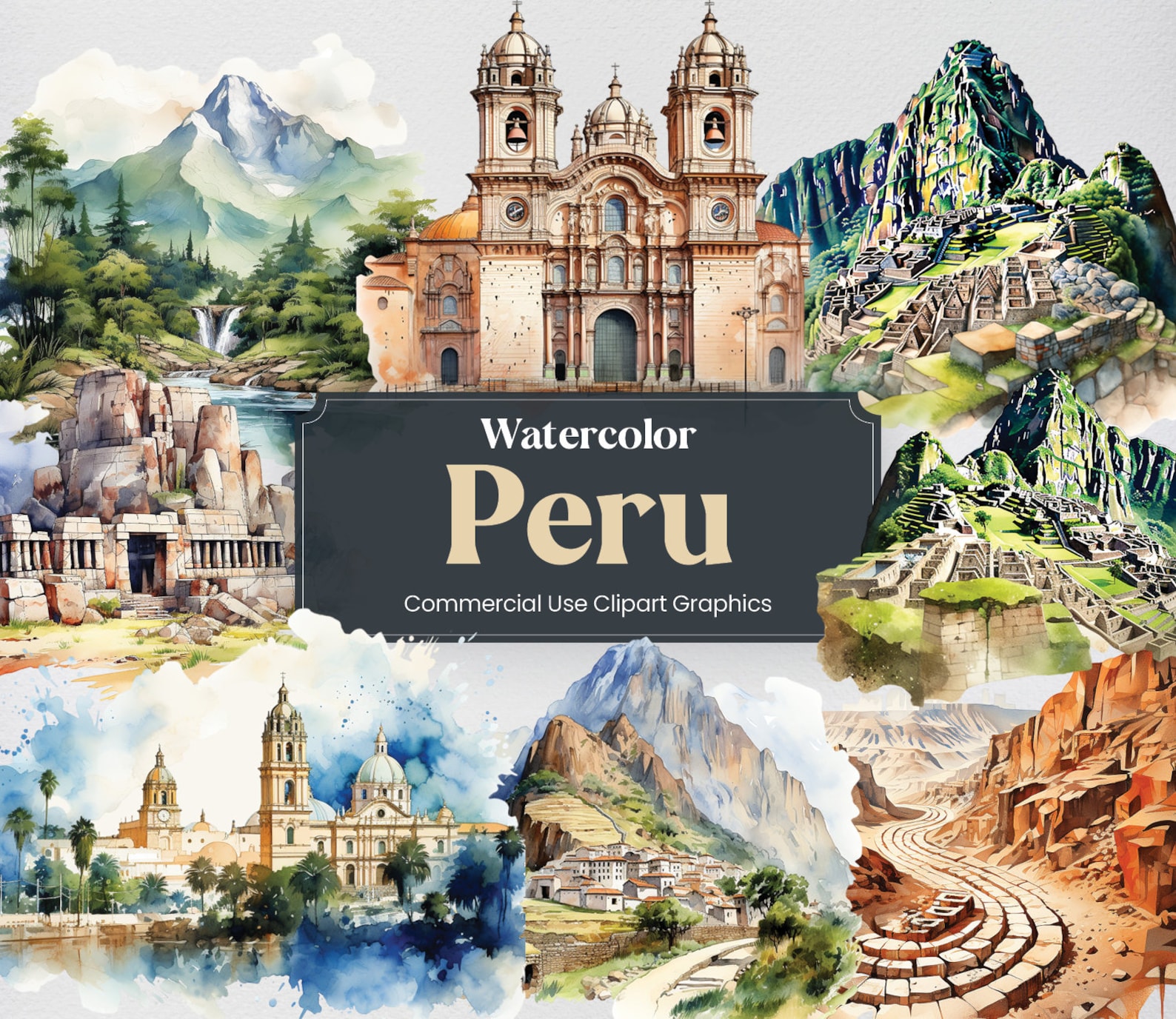 Watercolor Peru, 29 Peruvian Landmarks, Travel Vacation Holiday Digital ...
