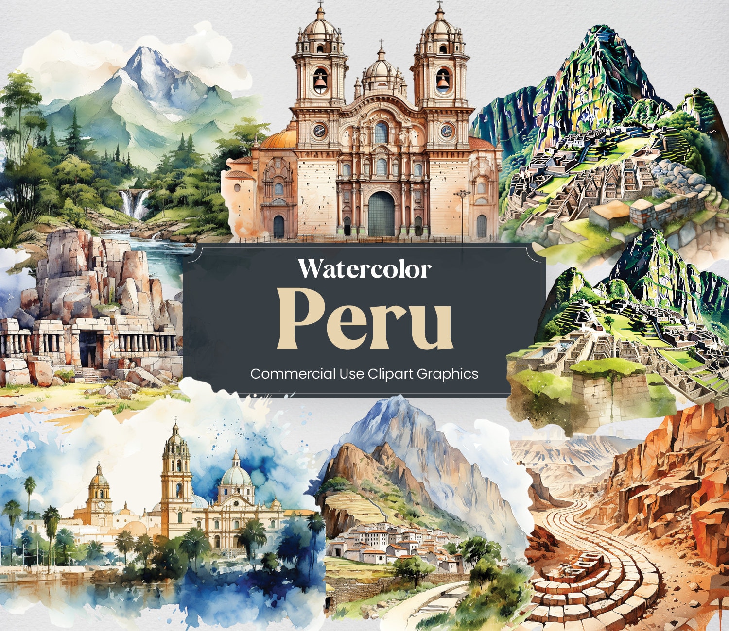 Watercolor Peru, 29 Peruvian Landmarks, Travel Vacation Holiday Digital ...