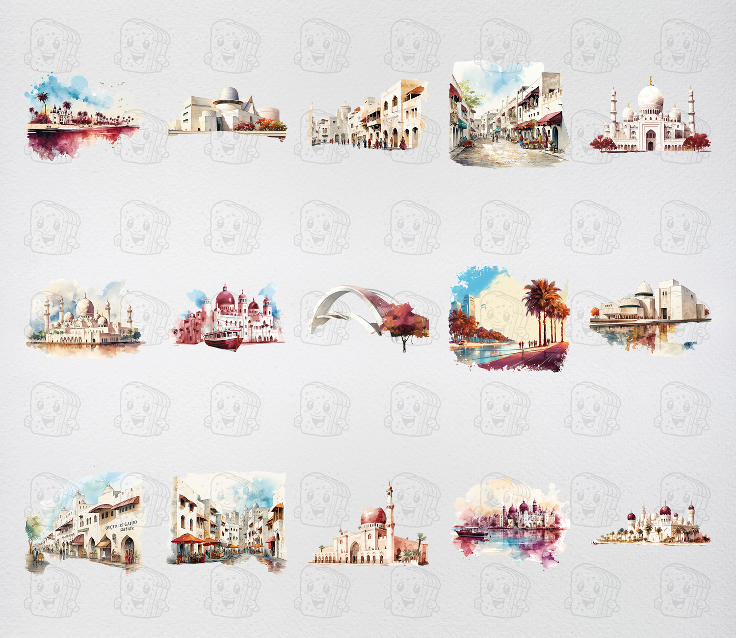 Watercolor Qatar, 15 Qatari Landmarks, Travel Vacation Holiday Digital ...