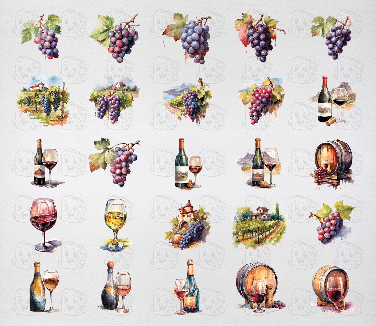Watercolor Wine, 50 Winery Clipart, Alcoholic Beverages Red White Grape ...