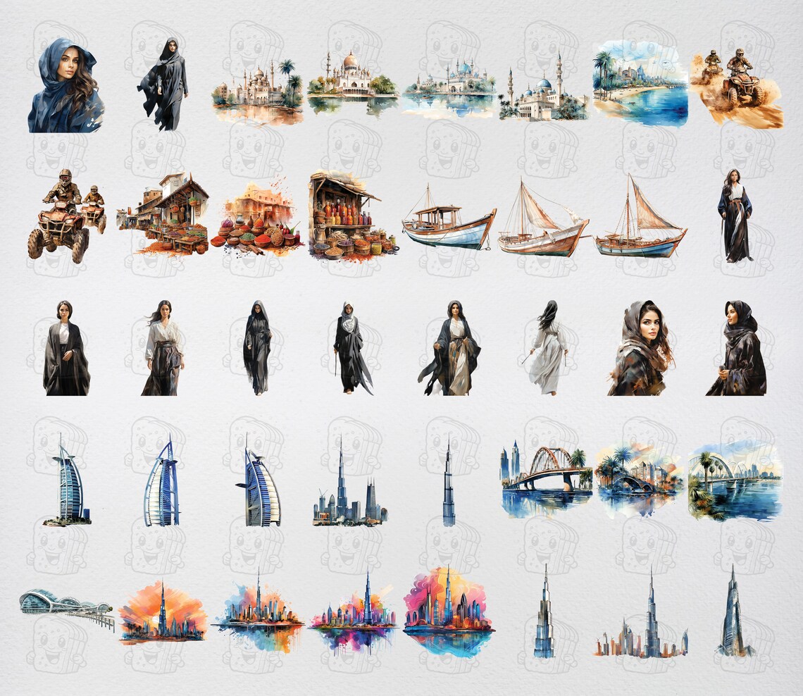 Watercolor United Arab Emirates, 90 Dubai Landmarks Mega Pack, Travel ...