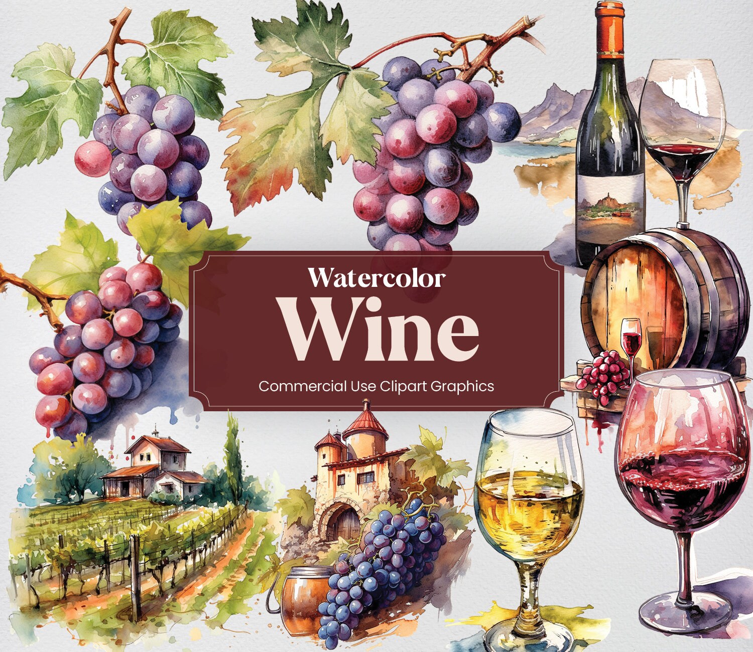 Watercolor Wine, 50 Winery Clipart, Alcoholic Beverages Red White Grape ...