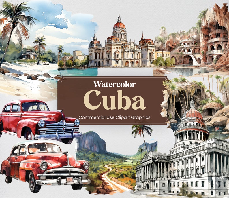 Watercolor Cuba, 45 Cuban Landmarks, Travel Vacation Holiday Digital ...