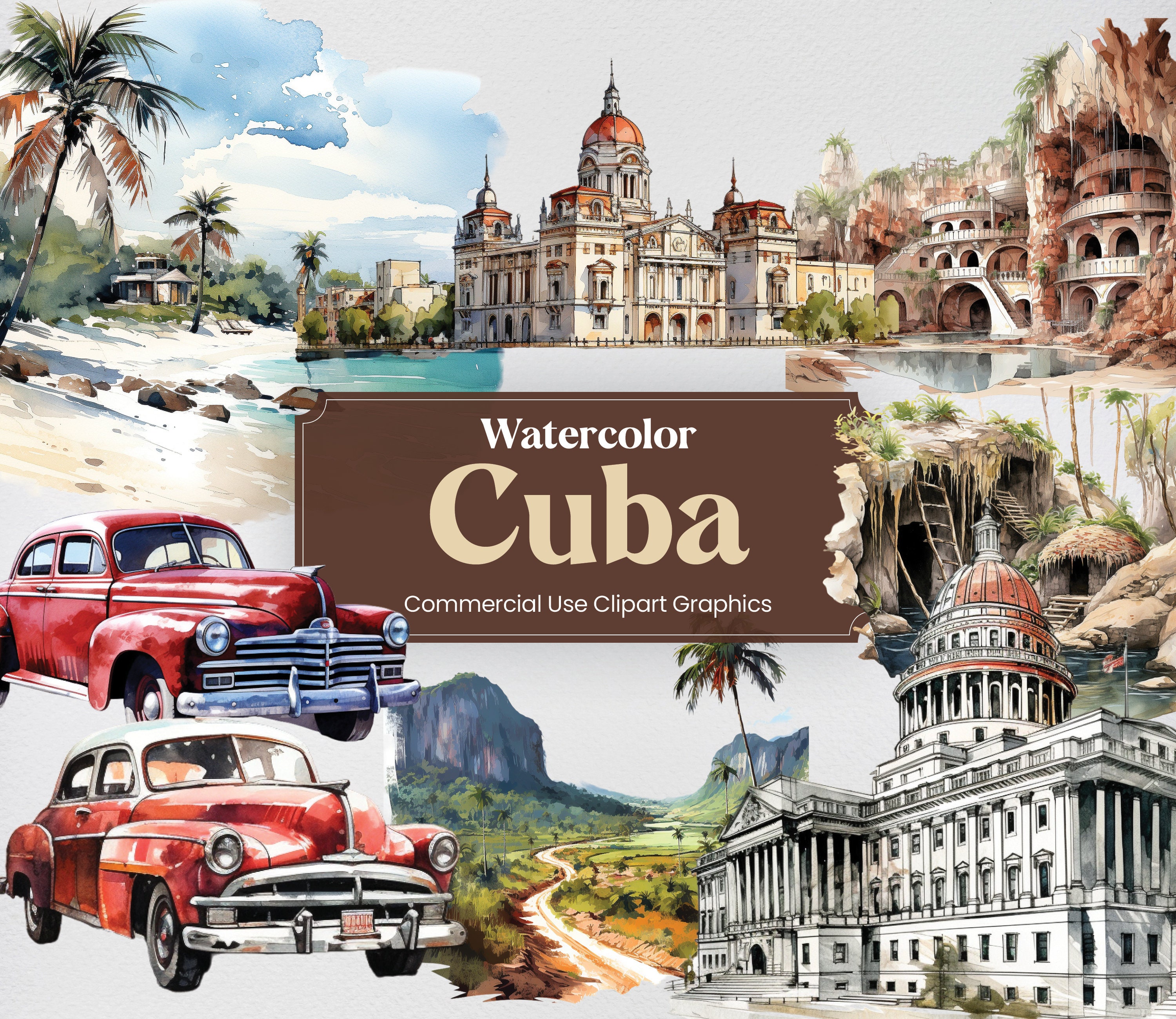 Watercolor Cuba, 45 Cuban Landmarks, Travel Vacation Holiday Digital ...