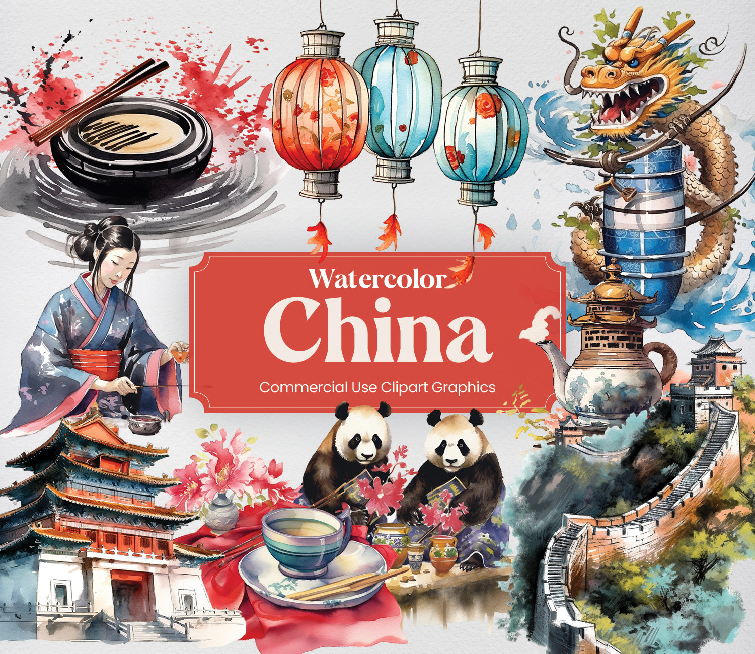 Watercolor China, 36 Chinese Landmarks, Travel Vacation Holiday Digital ...