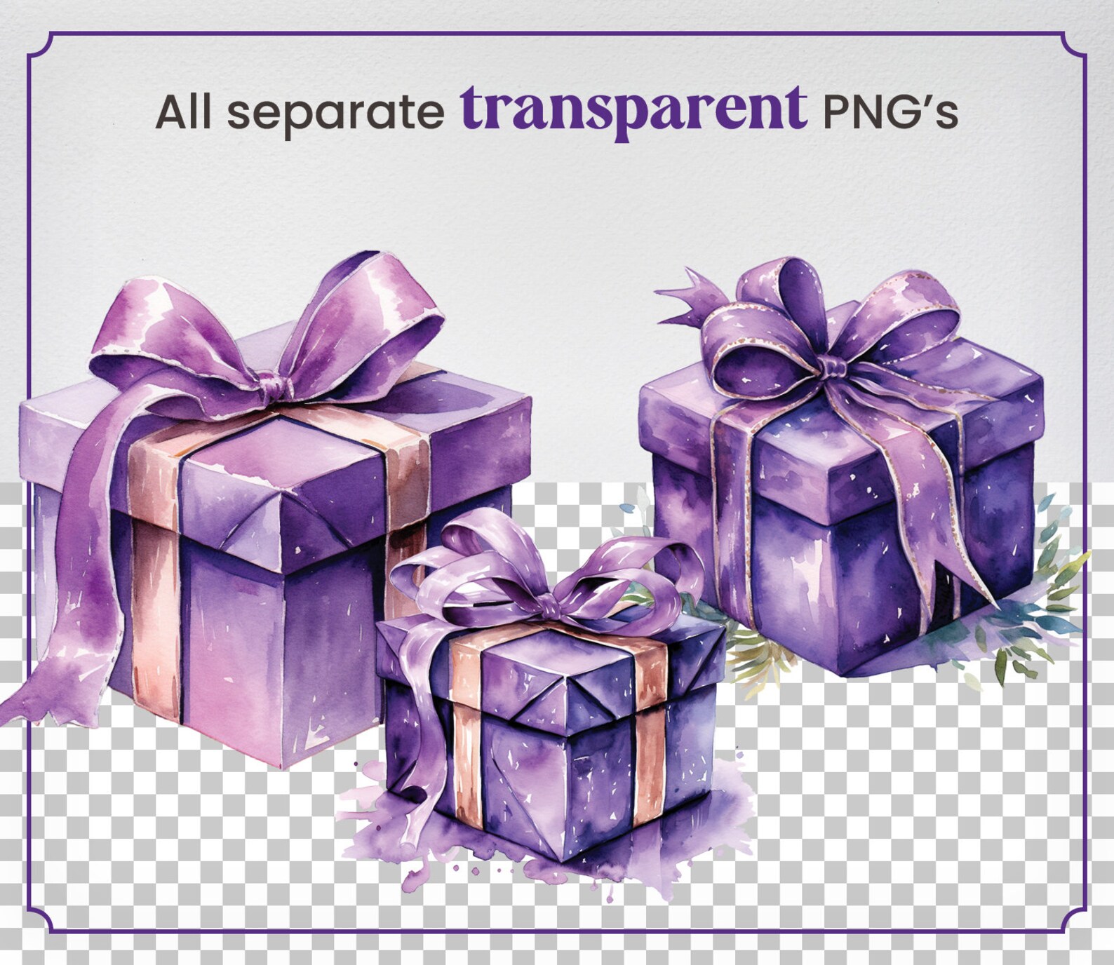 Watercolor Purple Christmas Presents, 8 Festivities Clipart, Advent ...