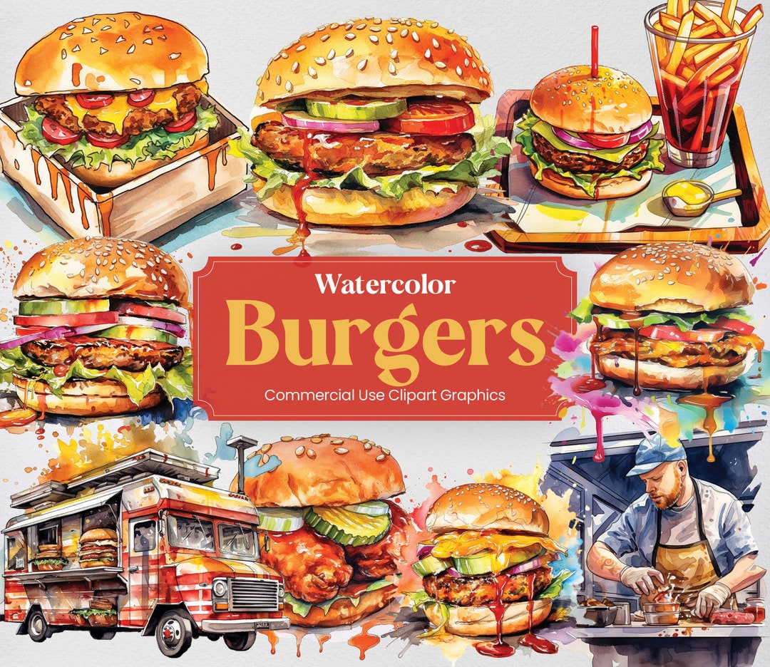 Watercolor Burger, 30 Delicious Burgers Fries Clipart, Burger Truck ...