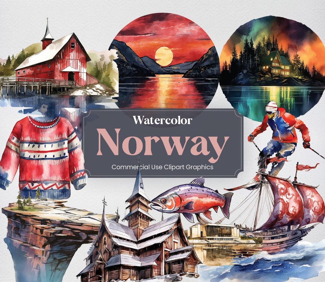 Watercolor Norway, 34 Norweigan Landmarks, Travel Vacation Holiday ...