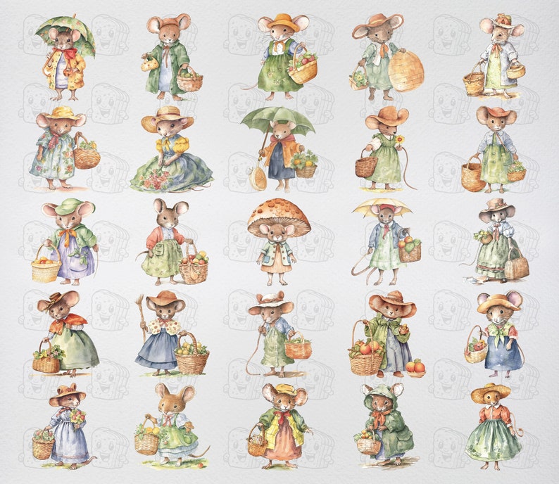 Watercolor Mouse in Dress, 25 Cute Mice Clipart, Animal Digital Prints ...