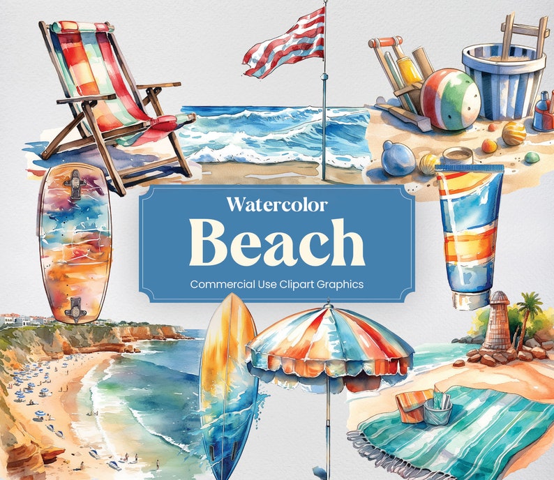 Watercolor Beach, 51 Beach Day Clipart, Summer, Sand, Surf and Swim ...