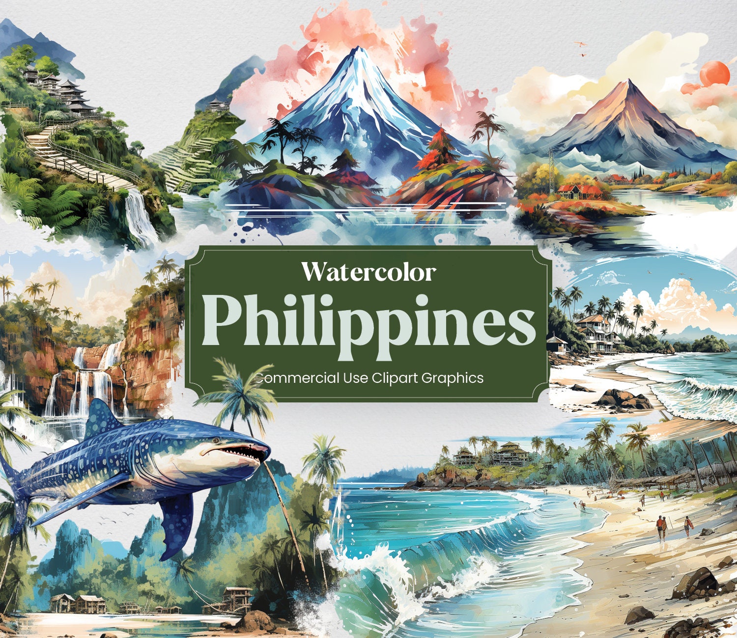 Watercolor Phillipines, 32 Filipino Landmarks, Travel Vacation Digital ...