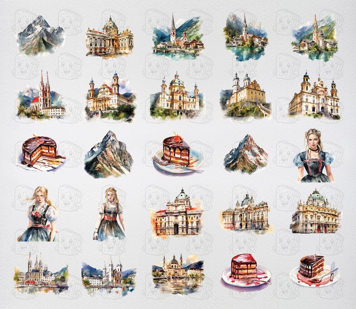 Watercolor Austria, 34 Austrian Landmarks, Vacation Holiday Digital ...