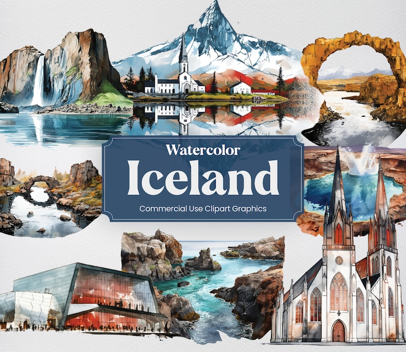 Watercolor Iceland, 49 Icelandic Landmarks, Travel Vacation Holiday ...