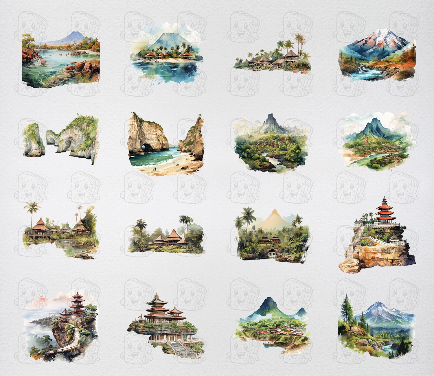Watercolor Indonesia, 16 Indonesian Landmarks, Travel Vacation Digital ...