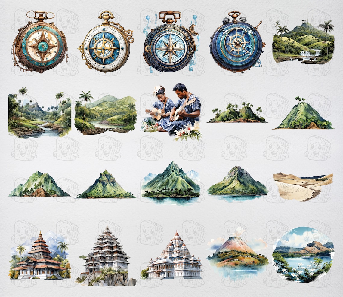 Watercolor Fiji, 45 Fijian Landmarks, Travel Vacation Holiday Digital ...