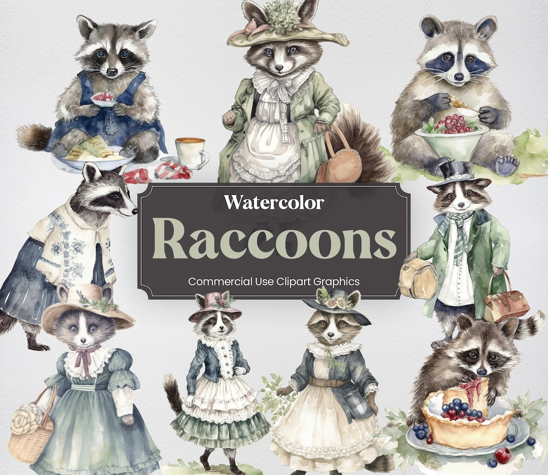 Watercolor Raccoon in Dress Clipart, 20 Cute Clip Art, Animal Digital ...