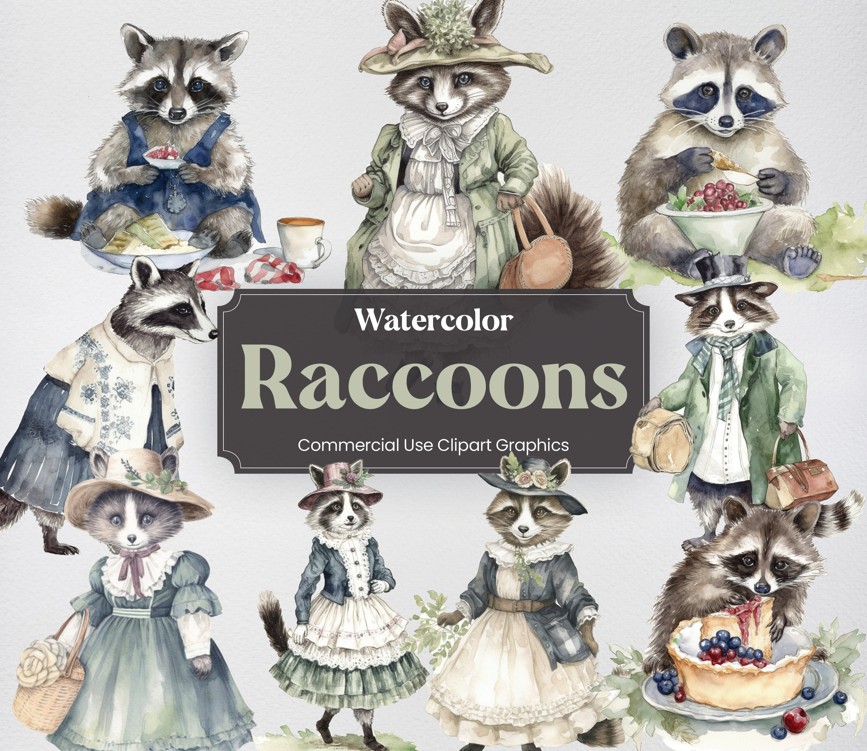 Watercolor Raccoon in Dress Clipart 20 Cute Clip Art Animal - Etsy