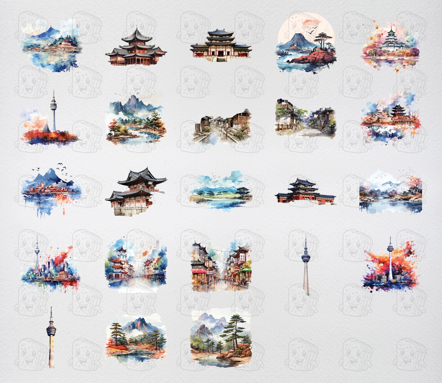 Watercolor South Korea, 23 South Korean Landmarks, Travel Holiday ...