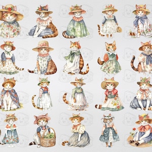 Watercolor Orange Cat in Dresses, 21 Cute Clipart, Animal Digital ...