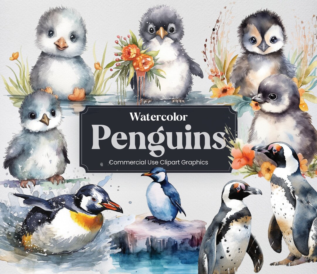 Watercolor Penguin, 33 Cute Penguins, Bird Animal Digital Prints ...