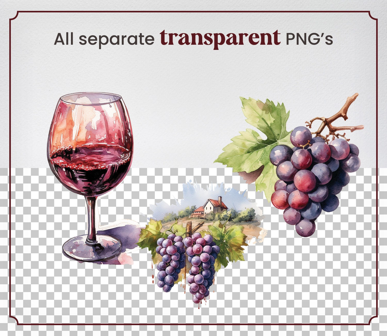Watercolor Wine, 50 Winery Clipart, Alcoholic Beverages Red White Grape ...