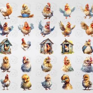 Watercolor Chicken, 34 Rooster Clipart, Farm Animal Chicks Digital ...