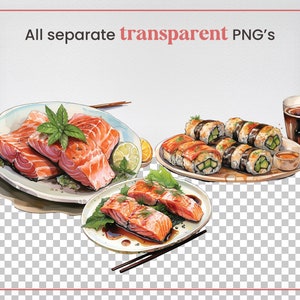 Watercolor Sushi, 19 Japanese Cuisine Nigiri Maki Sashimi Seawead Rice ...