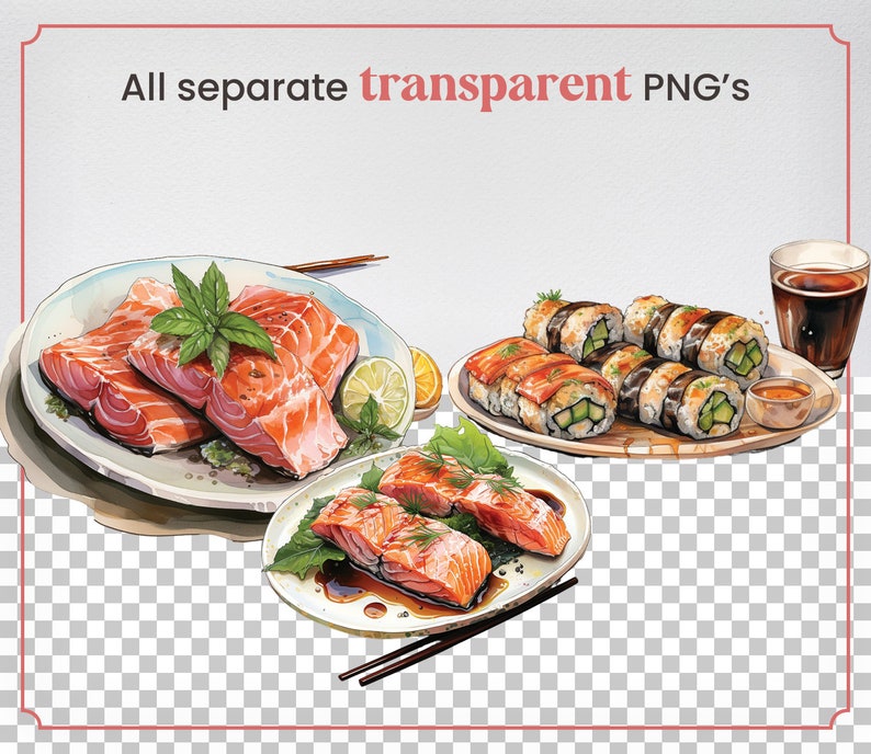 Watercolor Sushi, 19 Japanese Cuisine Nigiri Maki Sashimi Seawead Rice ...