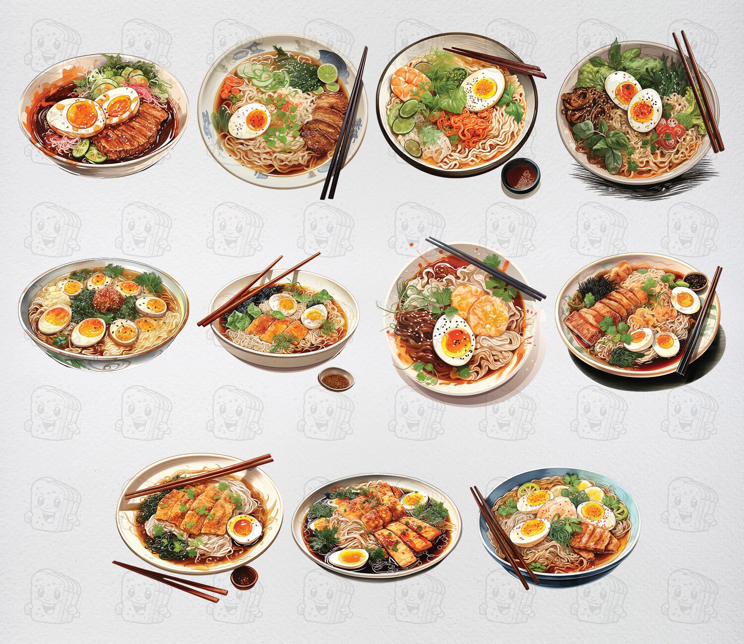 Watercolor Ramen, 11 Japanese Cuisine Noodles Broth Tonkatsu Miso Shoyu ...