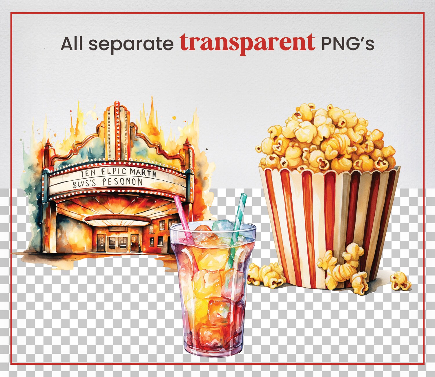 Watercolor Movie Theatre, 63 Cinema Clipart Mega Bundle Digital Prints ...