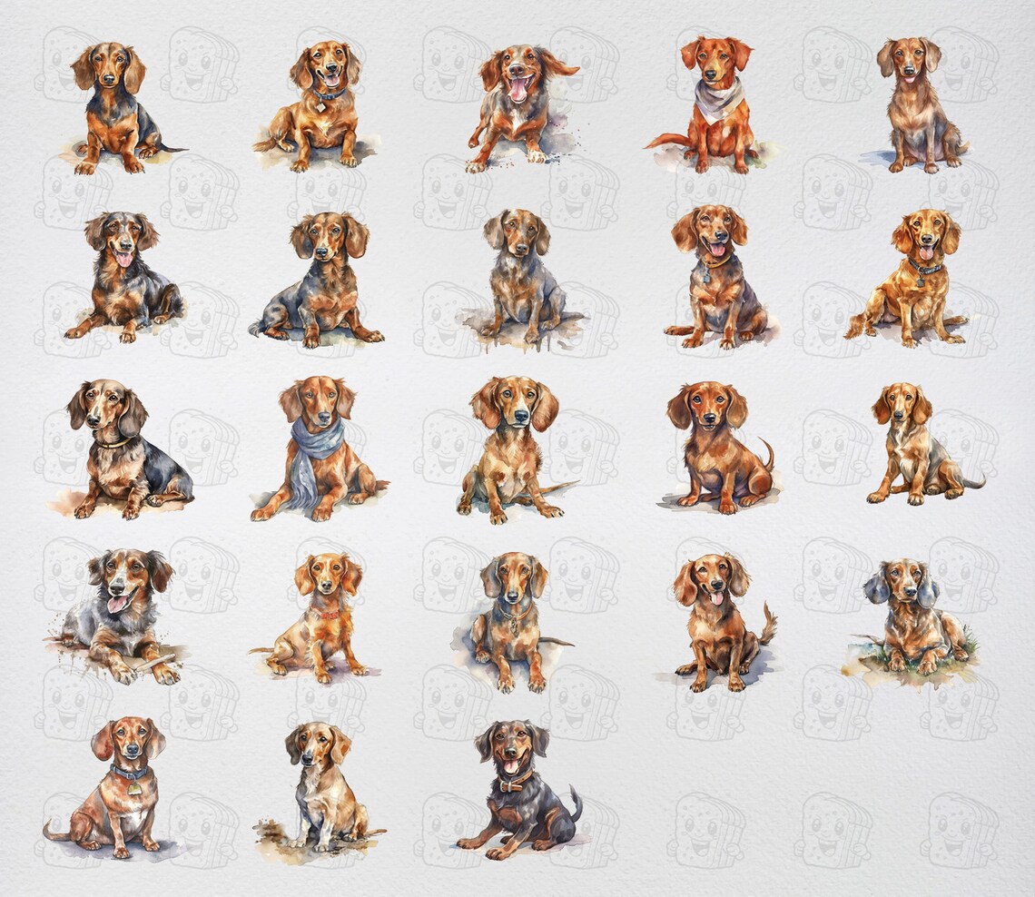 Watercolor Dachshund Dog Clipart, 23 Sausage Dog Digital Clip Art, PNG ...