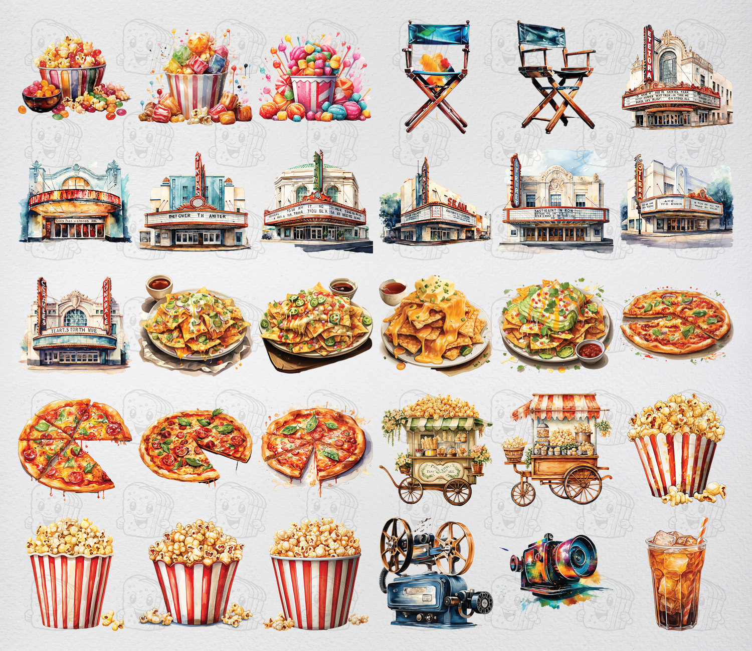 Watercolor Movie Theatre, 63 Cinema Clipart Mega Bundle Digital Prints ...