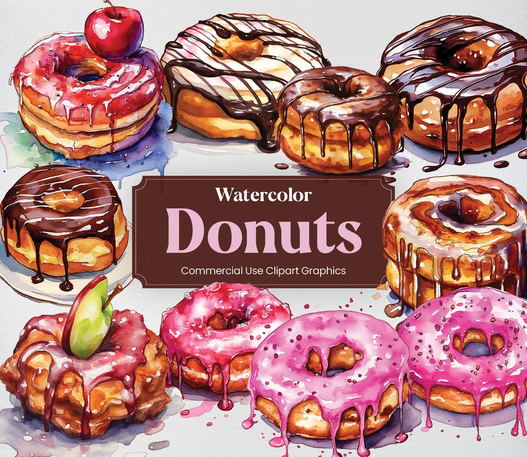 Watercolor Donuts, 31 Delicious Glazed Bakery Donuts Clipart, Food ...