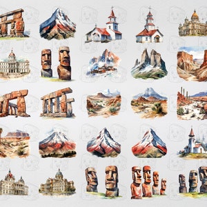 Watercolor Chile, 47 Chilean Landmarks, Travel Vacation Holiday Digital ...