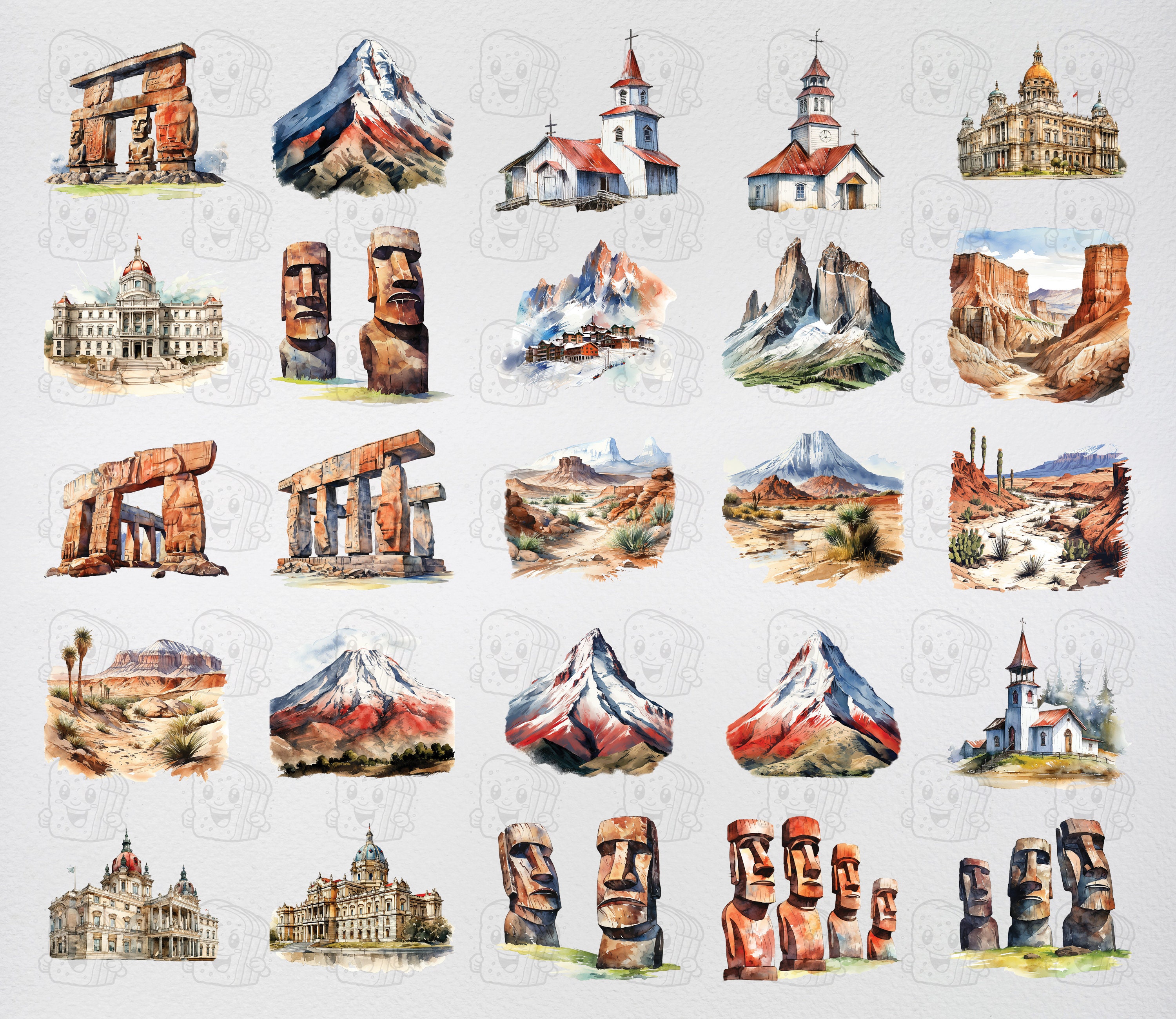 Watercolor Chile, 47 Chilean Landmarks, Travel Vacation Holiday Digital ...