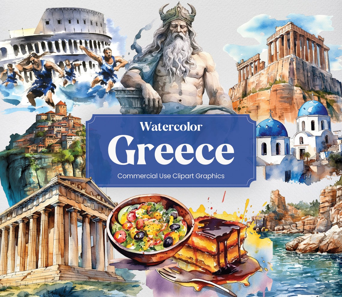 Watercolor Greece, 40 Greek Landmarks, Travel Vacation Holiday Digital ...
